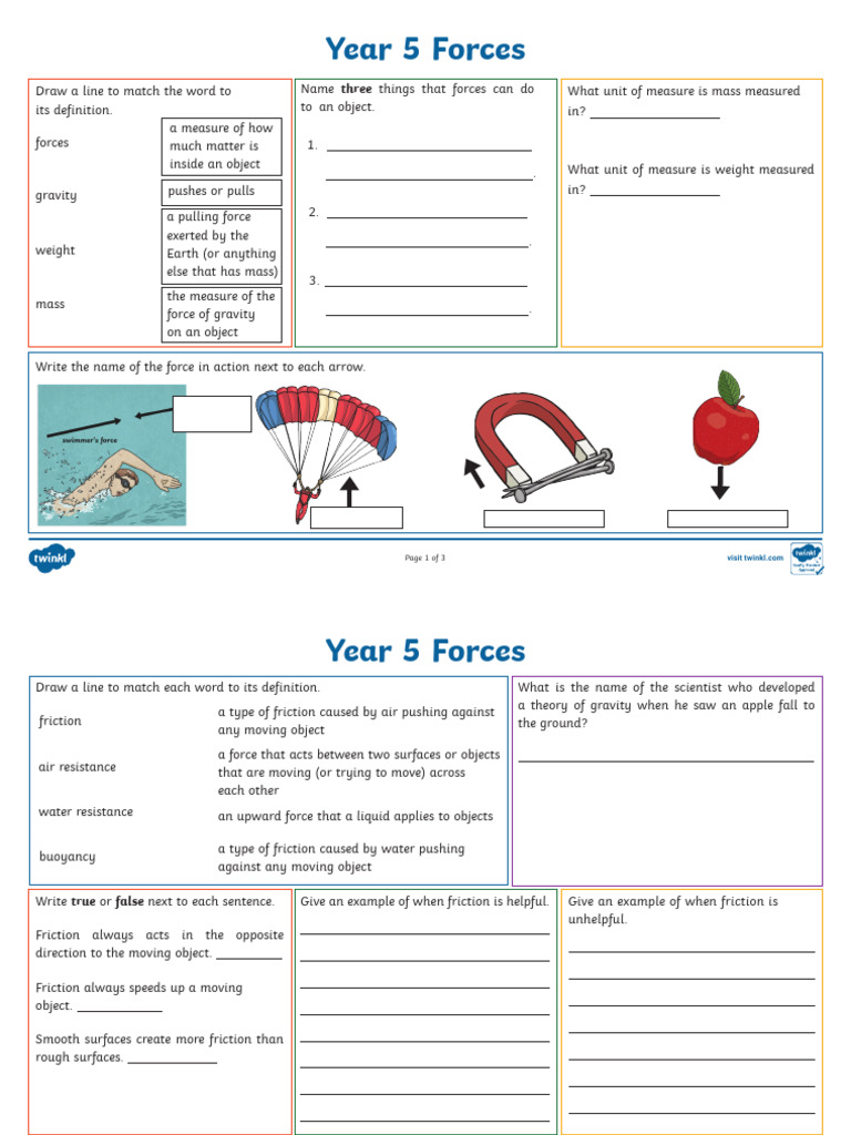 Year 5 Forces and Motion Worksheet | PDF | Force | Weight