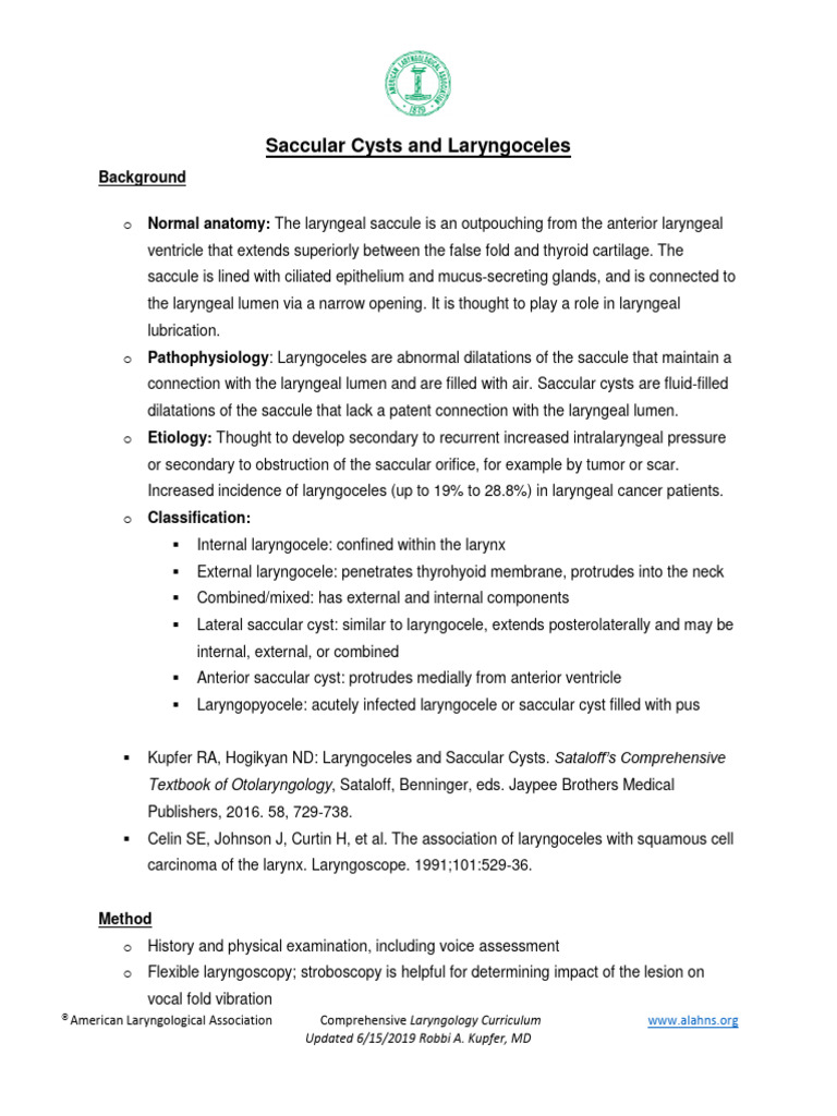 Saccular Cysts & Laryngoceles Guide | PDF | Larynx | Human Head And Neck