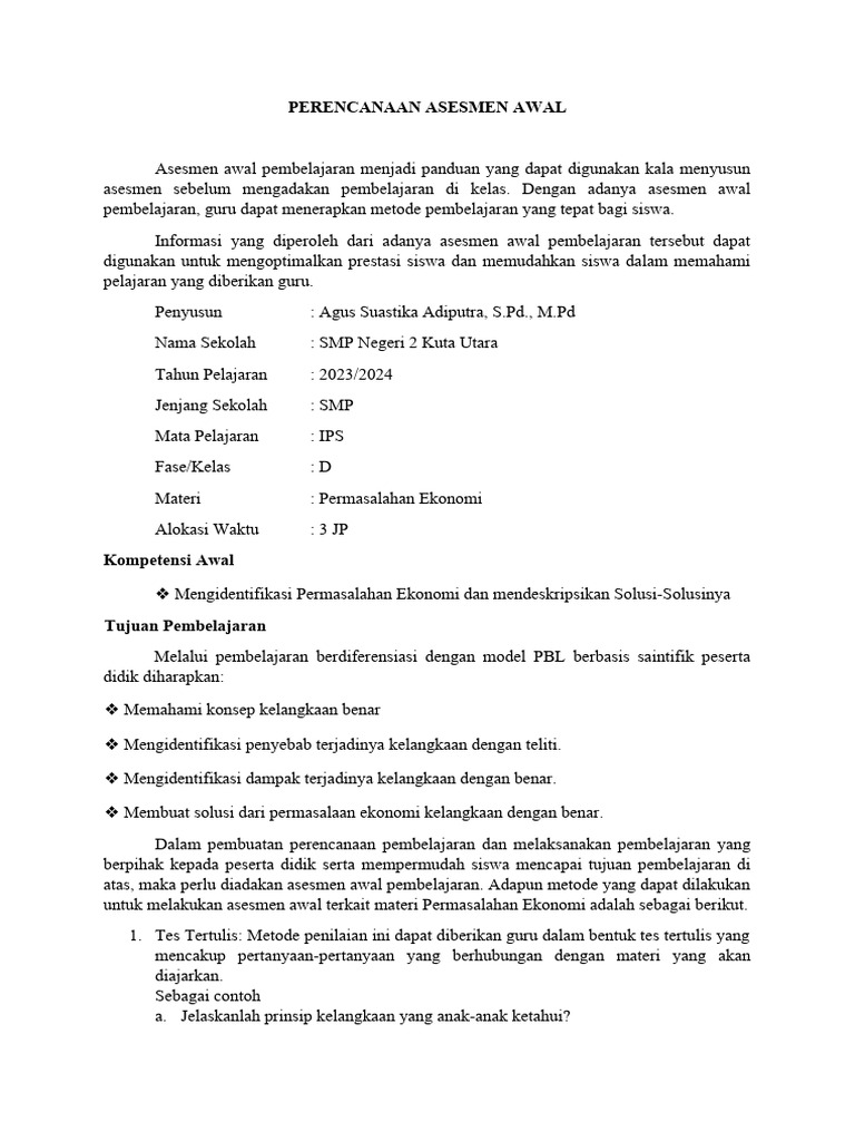 Perencanaan Asesmen Awal | PDF | Sains & Matematika