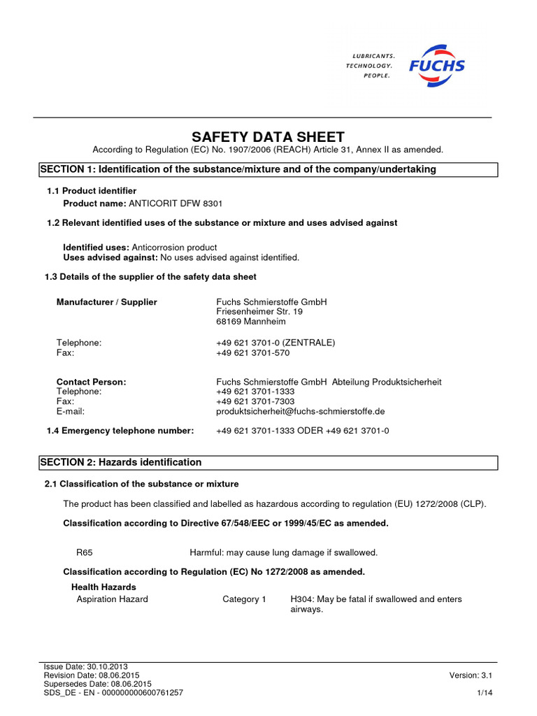Fuchs Anticorit DFW 8301 Safety Data Sheet | PDF | Dangerous Goods ...