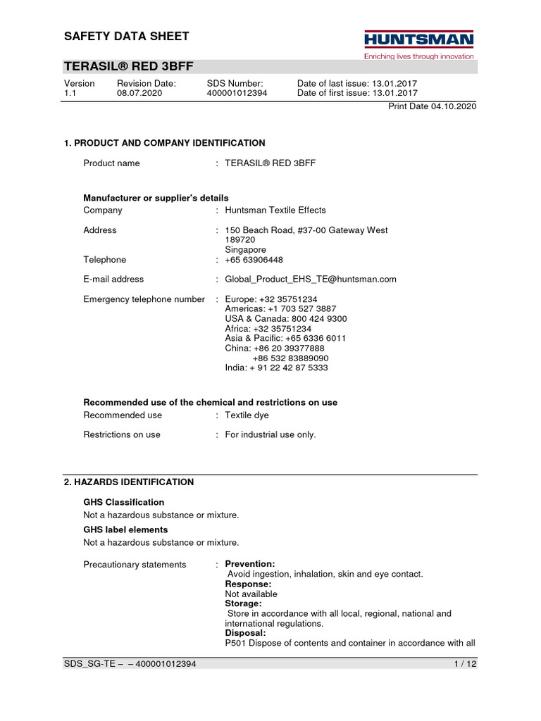 Terasil Red 3BFF | PDF | Toxicity | Dangerous Goods