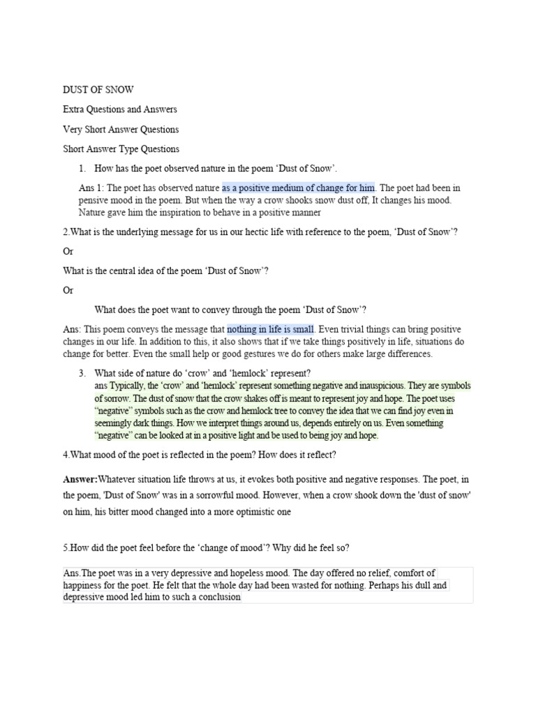 Dust of Snow Answer | PDF | Mood (Psychology) | Mental Health