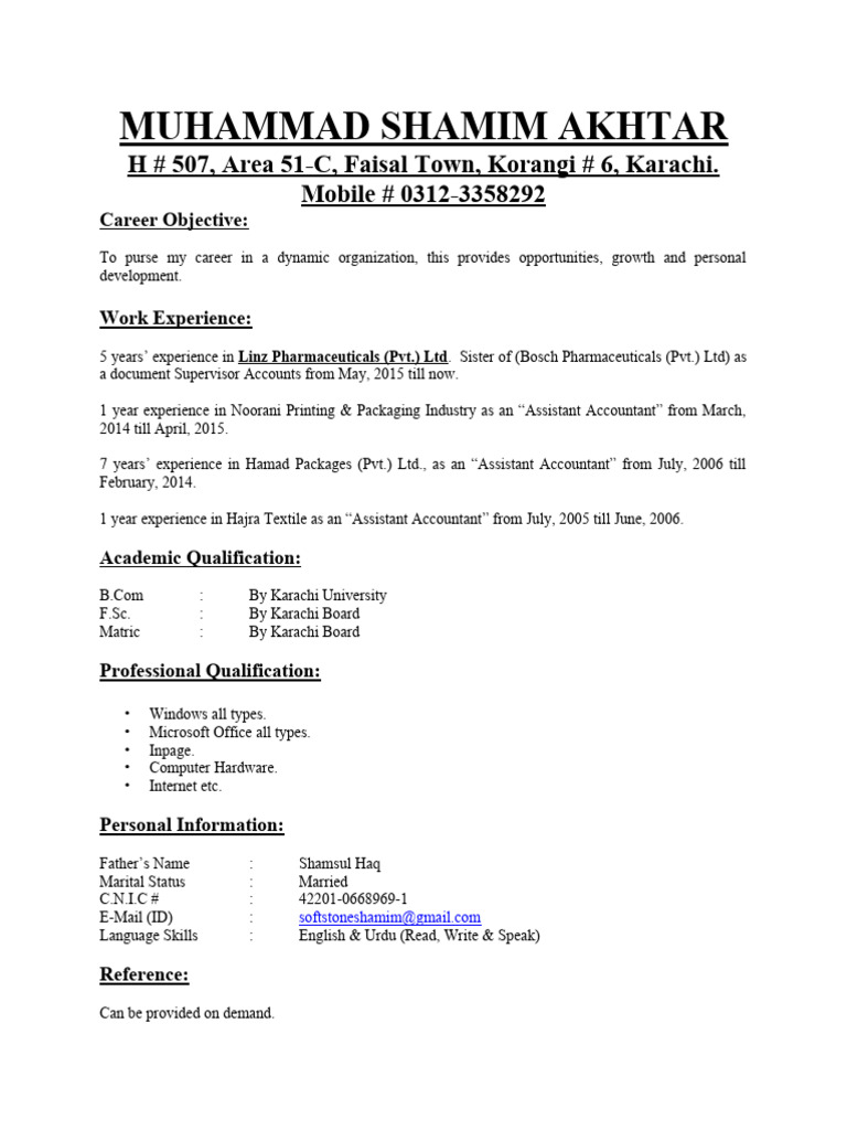 Accountant Resume: Muhammad Shamim Akhtar | PDF | Career & Growth ...