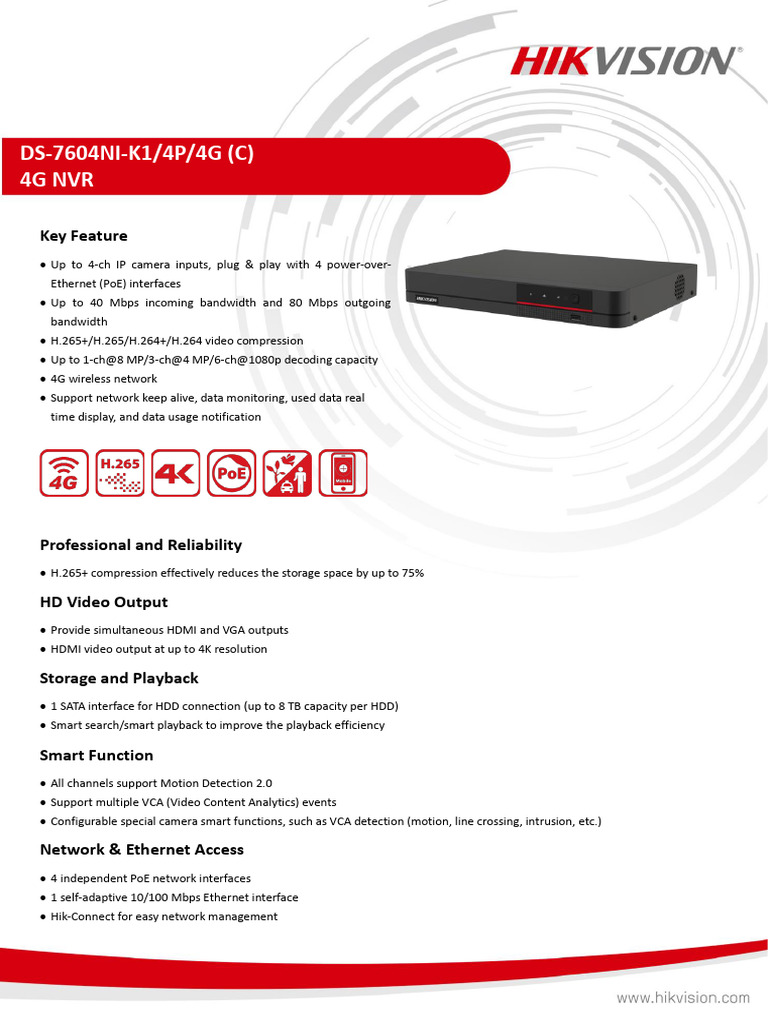 Datasheet of DS 7604NI K1 - 4P - 4G NVRC - V4.31.510 - 20230218 | PDF | Hdmi | Video