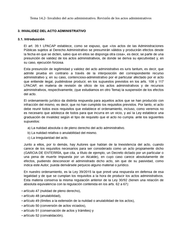 Tema 14.2 Acto Administrativo. Invalidez. Revisión. | PDF | Nulo (ley) | Ley común