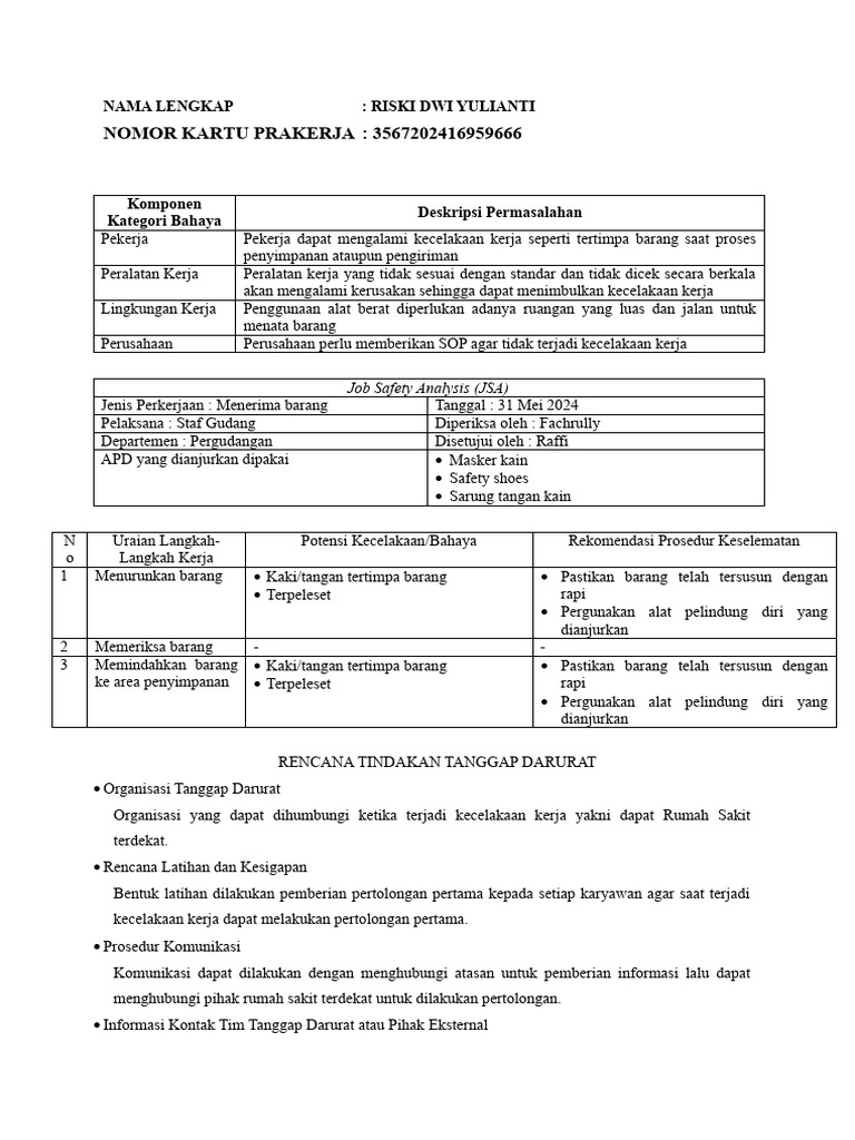 Job Safety Analysis (Riski Dwi Yulianti) | PDF