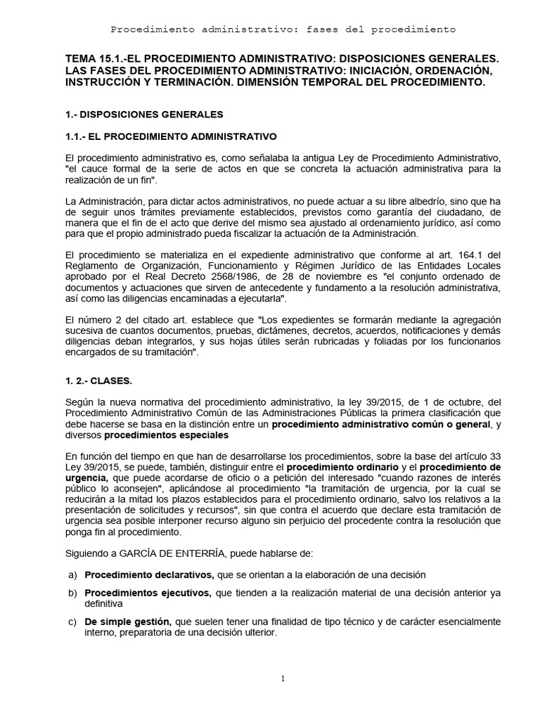 Tema 15.1 Disposiciones Generales y Fases Del Procedimiento Administrativo Común. | PDF ...