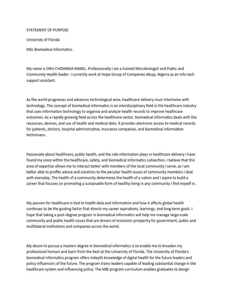 SOP For Masters in Biomedical Informatics Sample | PDF | Health ...