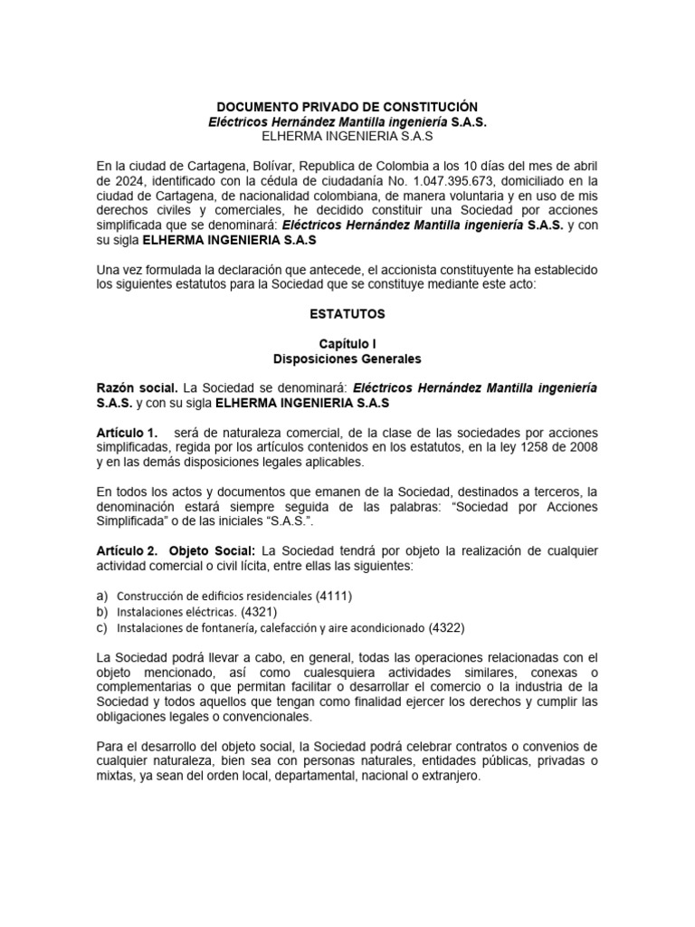 Documento Privado de Constitucion SAS Unico-Accionista | PDF | Compartir (Finanzas) | Sociedad ...
