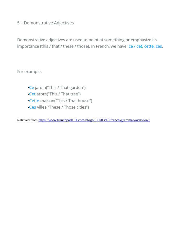 Demonstrative Adjectives in French | PDF | Language Arts & Discipline | Foreign Language Studies
