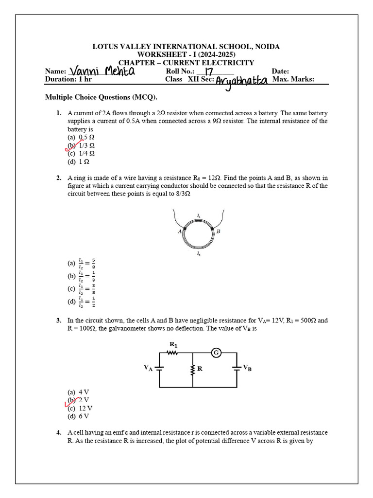 Current Electricity Worksheet | Download Free PDF | Electrical ...