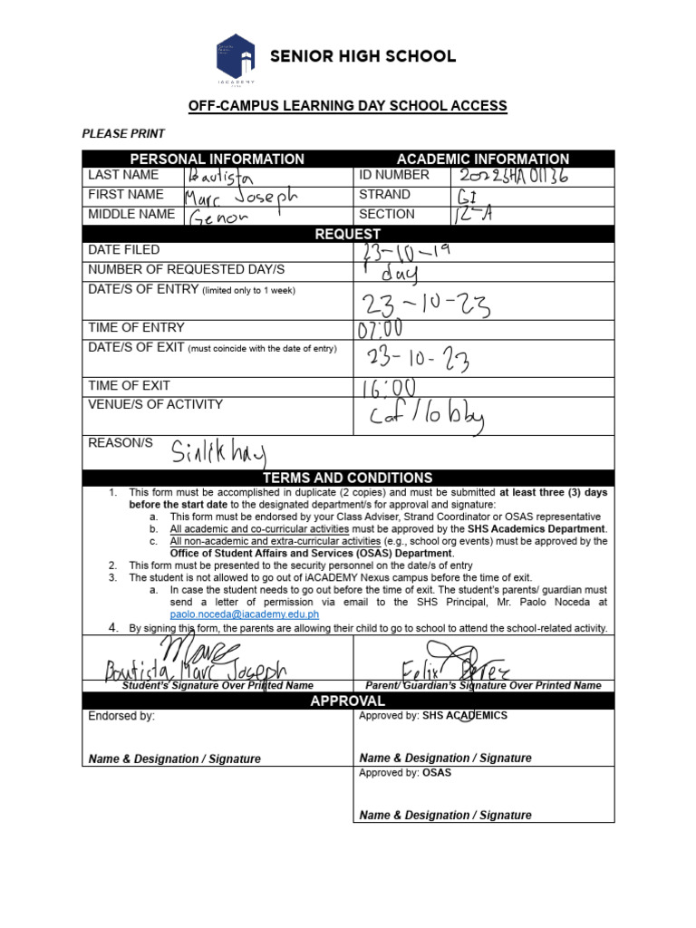 Off-Campus Learning Day Request Form | PDF
