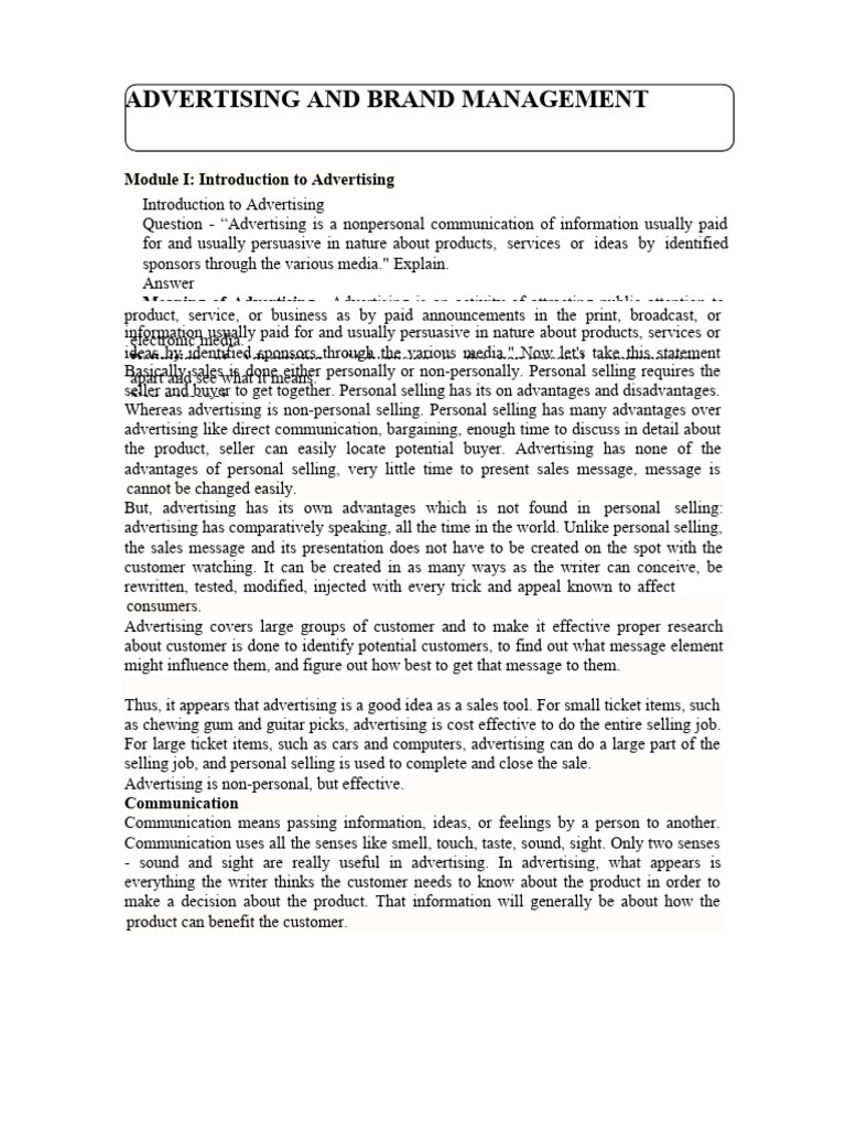 Advertising & Brand Management Notes | PDF | Advertising | Sales