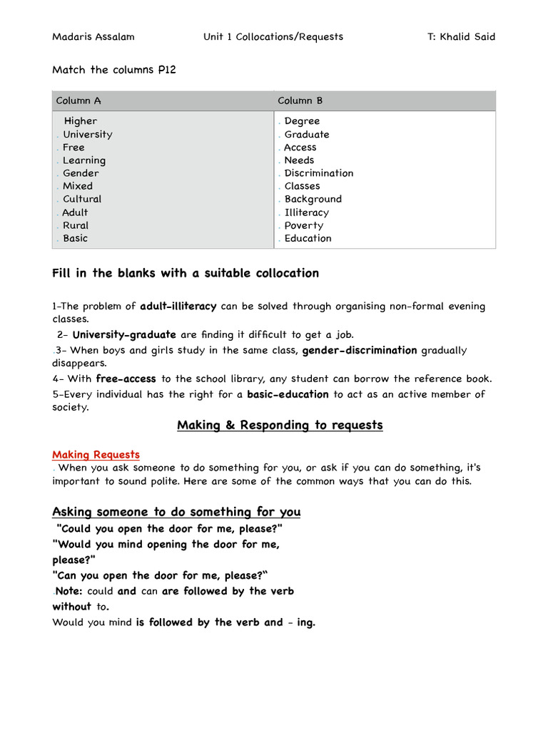 Unit 1 Collocations & requests | PDF
