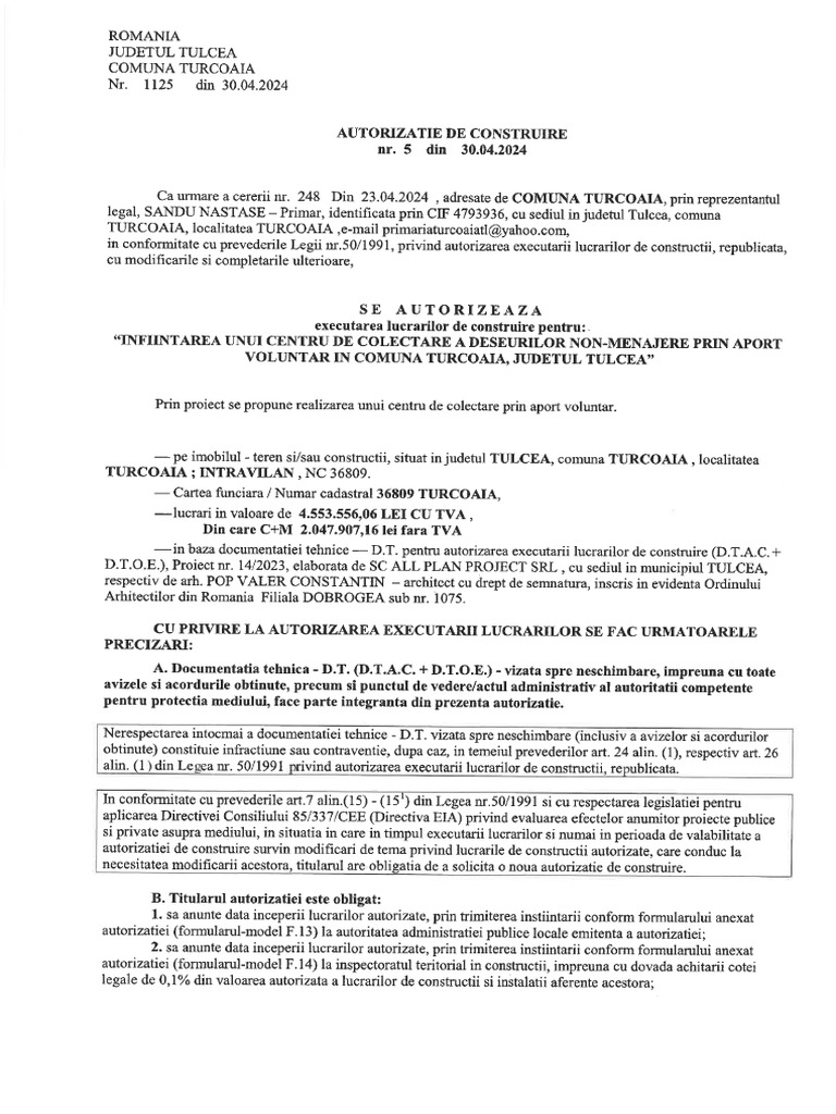 6.autorizatie de Construire Turcoaia-Semnat | PDF