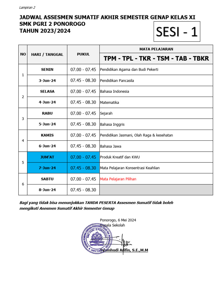 Jadwal Kelas Xi Sesi 1 - Asesmen Akhir Semester Genap | PDF