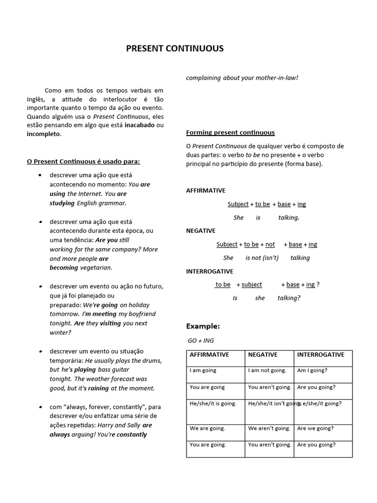 Present Continuous: Uso e Formação | PDF