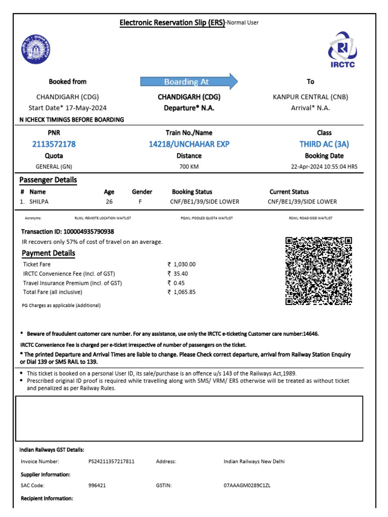 14218/UNCHAHAR EXP Third Ac (3A) | PDF | Identity Document
