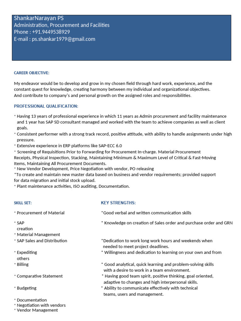 Shankar - Resume 1.2 | PDF | Procurement | Business