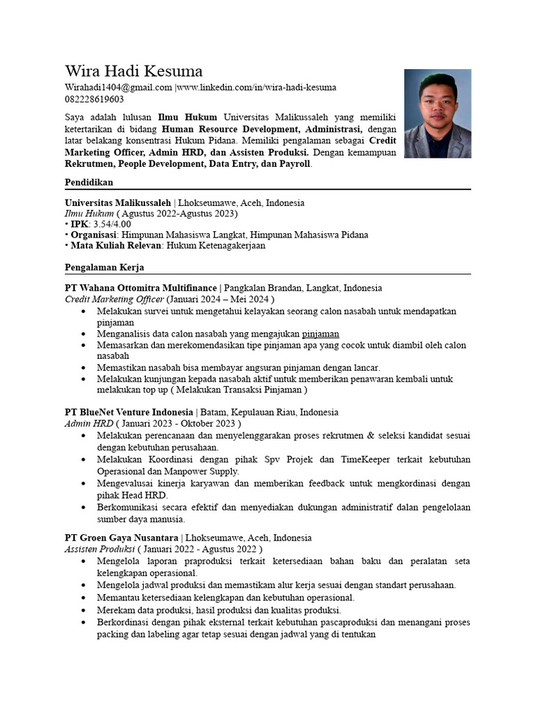 CV - Wira Hadi Kesuma | PDF | Karier & Perkembangan | Komputer