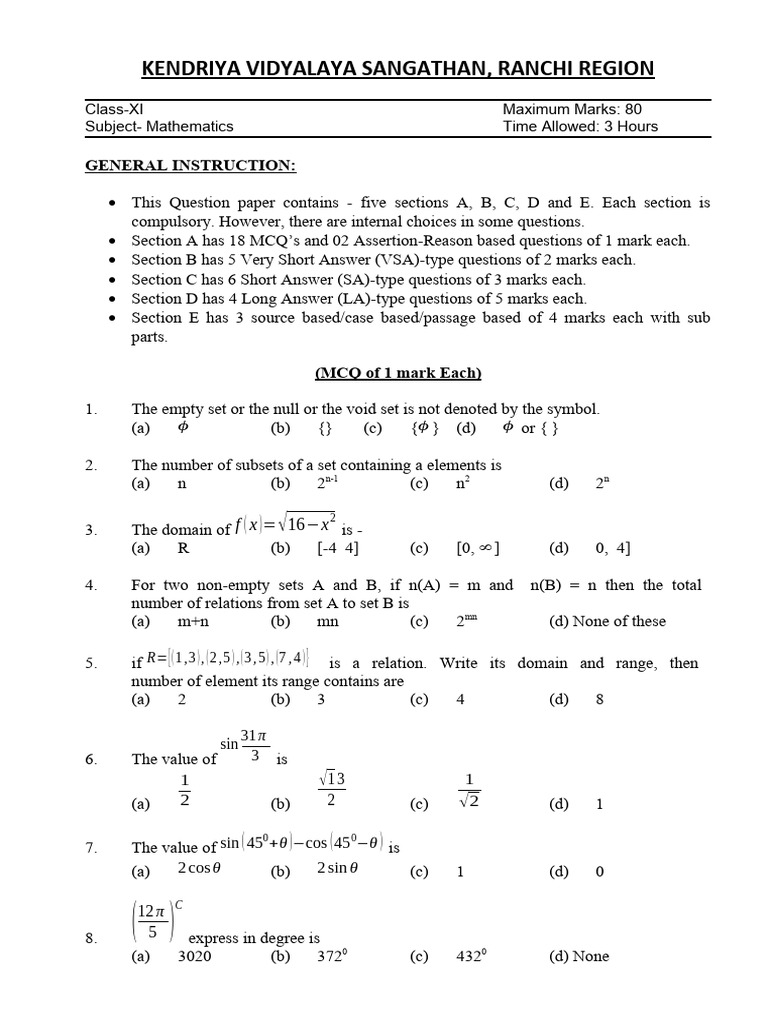 Kendriya Vidyalaya Sangathan, Ranchi (Questions) | PDF | Empty Set ...