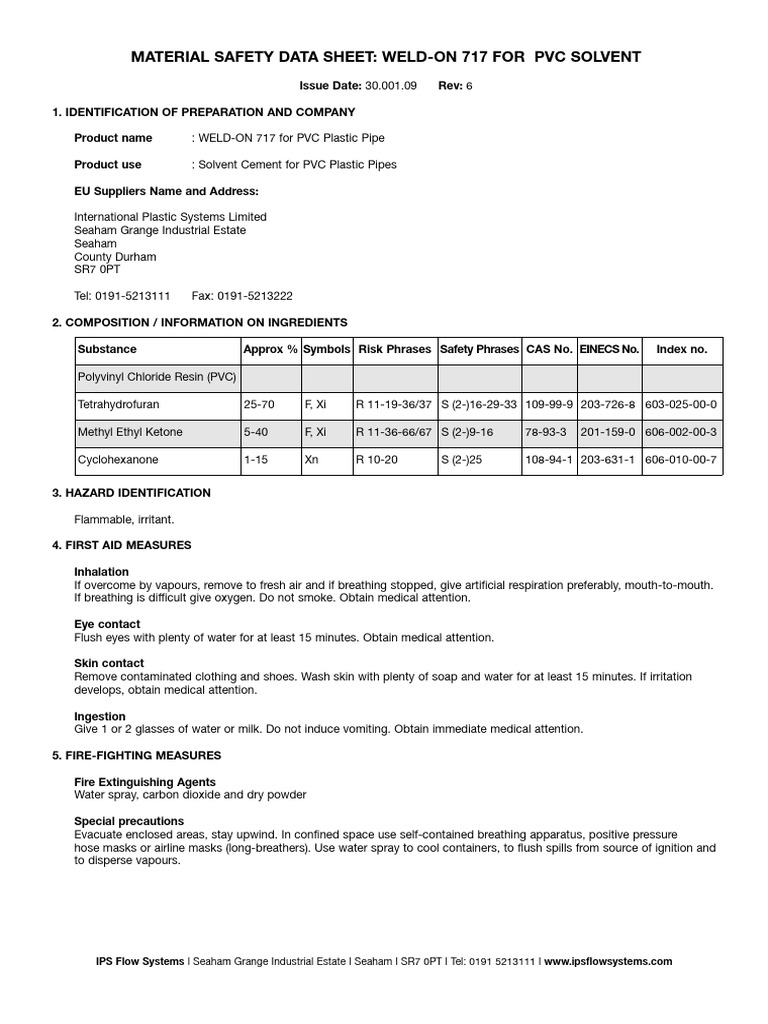 Material Safety Data Sheet Weld On 717 For PVC | PDF | Water ...