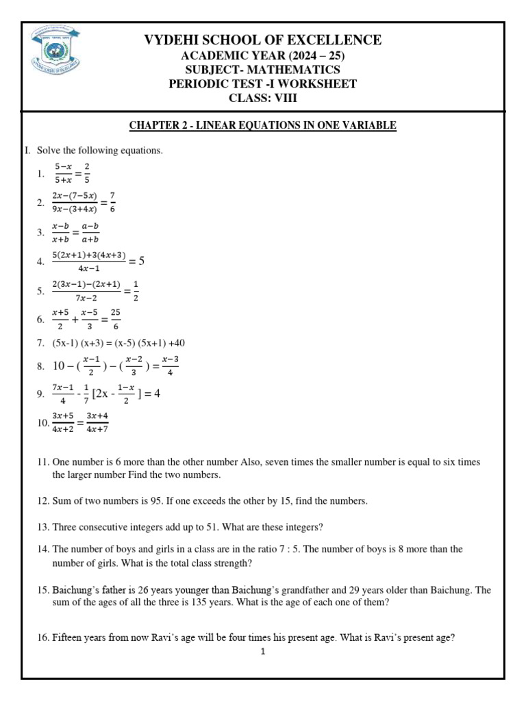 Grade 8 Mathematics Pt-I Worksheet (CH-2, 8,12) | PDF | Numbers | Equations