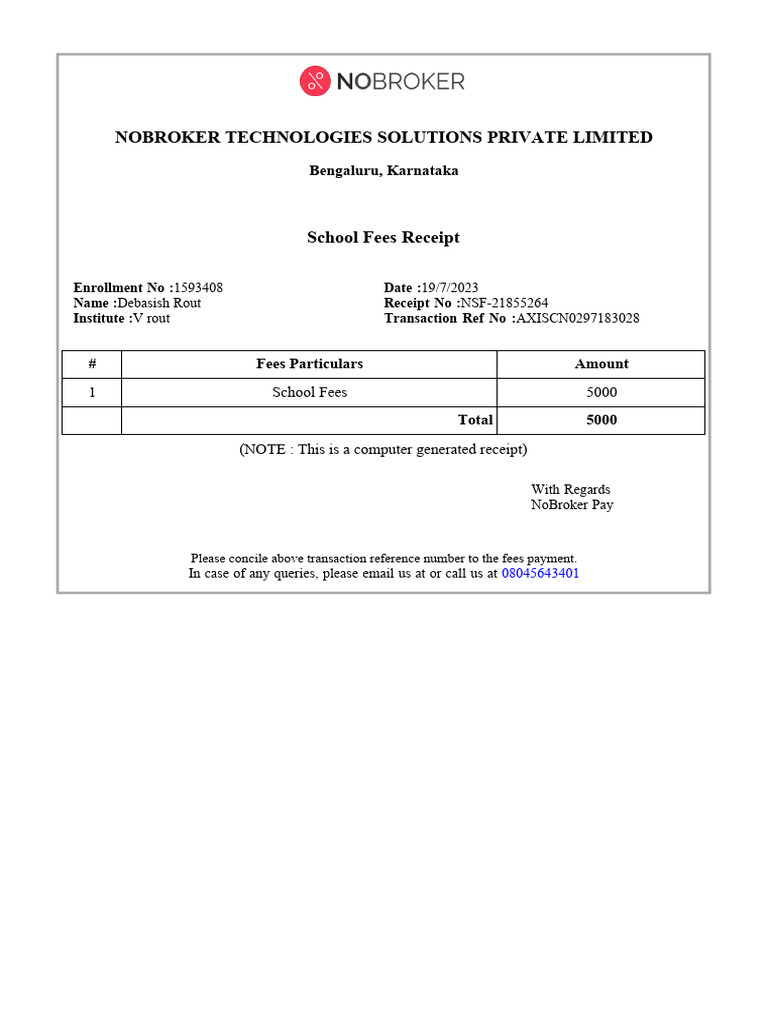 School Fees Receipt - NoBroker Technologies | PDF