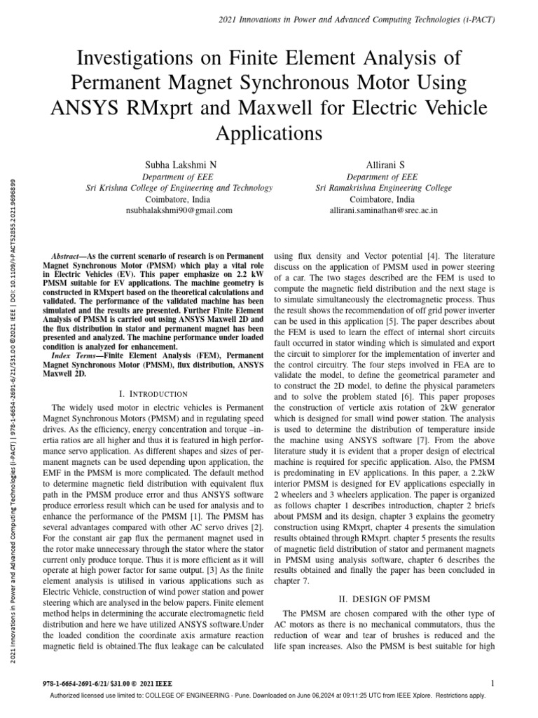 Investigations On Finite Element Analysis Of Permanent Magnet Synchronous Motor Using Ansys