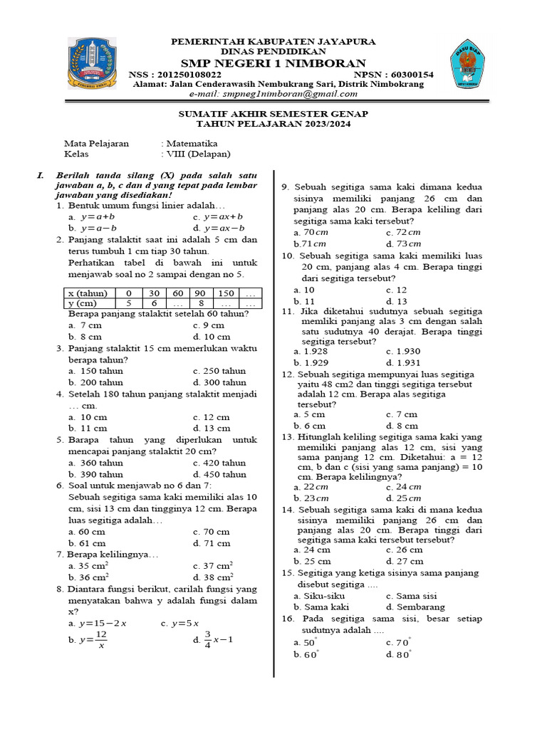 Soal SAS MTK 8 Genap 2023-2024 | PDF