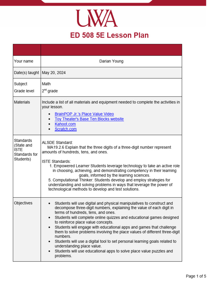 Young Ed508-5e-Lesson-Plan-Su24 | PDF | Learning | Cognition