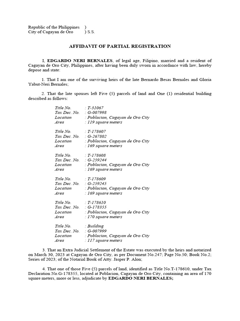Affidavit of Partial Registration | Download Free PDF | Affidavit | Justice