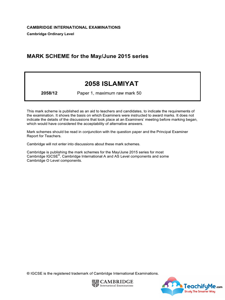 2058 June 2015 Paper 12 Mark Scheme | PDF | Muhammad | Abrahamic Religions
