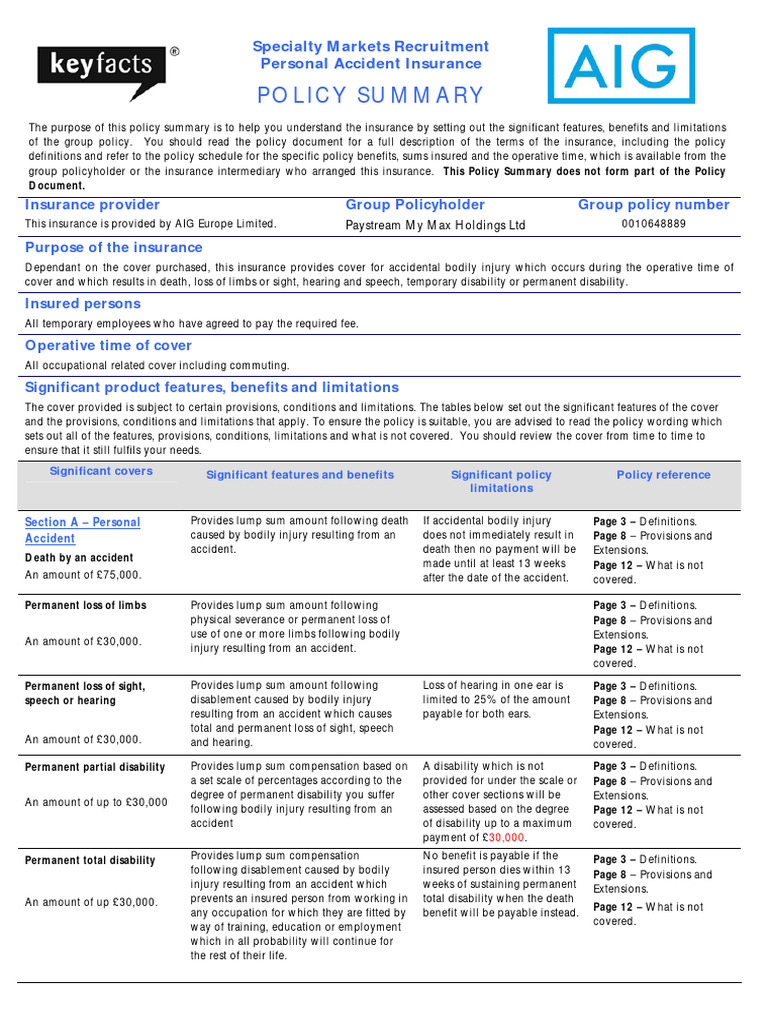 Personal Accident Key Facts Document | Download Free PDF | Insurance ...