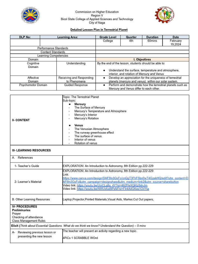 f2f de Los Santos Lesson Plan Astronomy | PDF | Venus | Mercury (Planet)