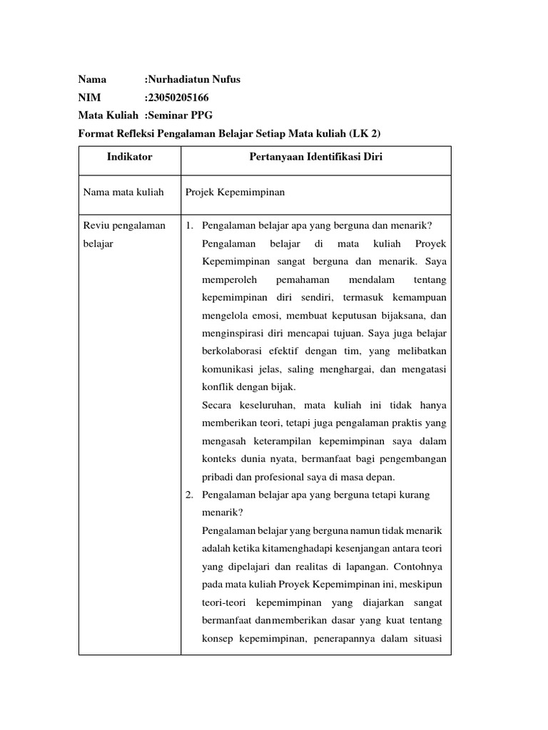 Jurnal Refleksi_Nurhadiatun Nufus_Projek Kepemimpinan | PDF Jurnal Refleksi_Nurhadiatun Nufus_Projek Kepemimpinan | PDF