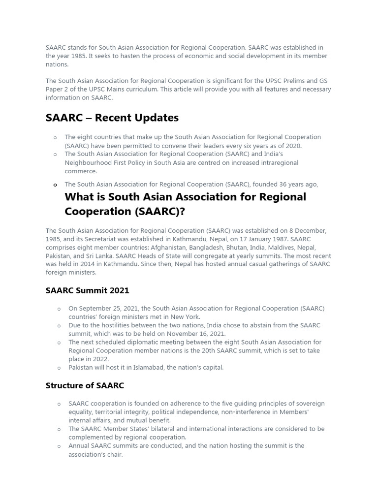SAARC stands for South Asian Association for Regional Cooperation | PDF ...