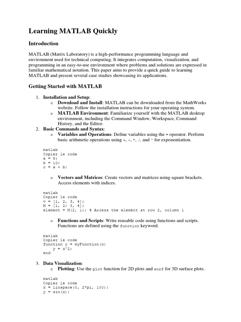 Learning MATLAB Quickly | PDF | Matlab | Computing Learning MATLAB Quickly | PDF | Matlab | Computing