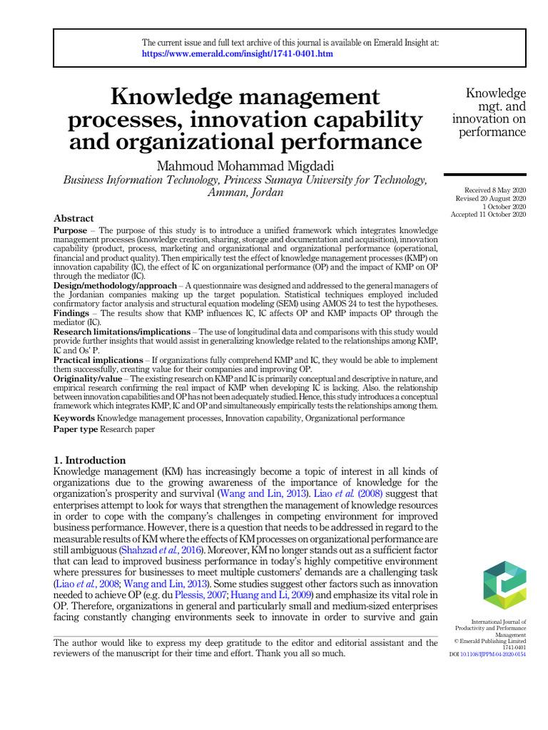 Knowledge Management and Innovation Impact | PDF | Innovation | Competitive Advantage