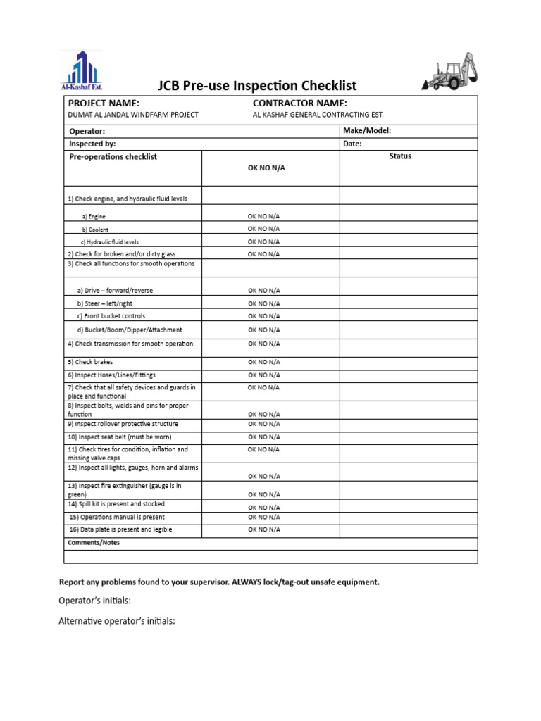 JCB Pre-Use Inspection Checklist | PDF | Science & Mathematics ...