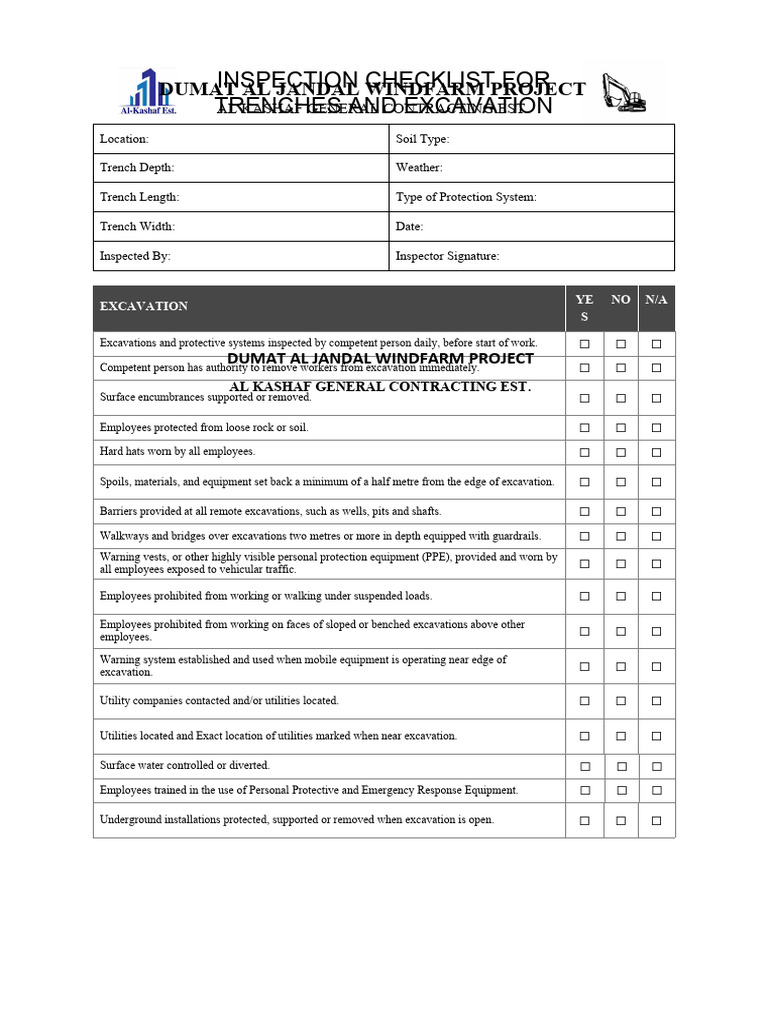 Daily Inspection Checklist For Trenches and Excavations | PDF ...