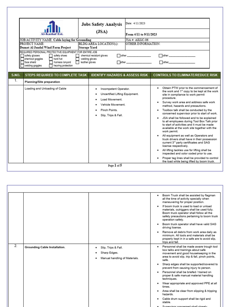JSA Cable Laying Storage Yard | Download Free PDF | Personal Protective ...