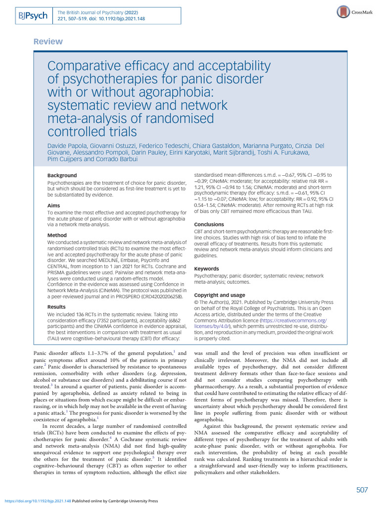 Comparative Efficacy and Acceptability of Psychotherapies For Panic Disorder With or Without ...