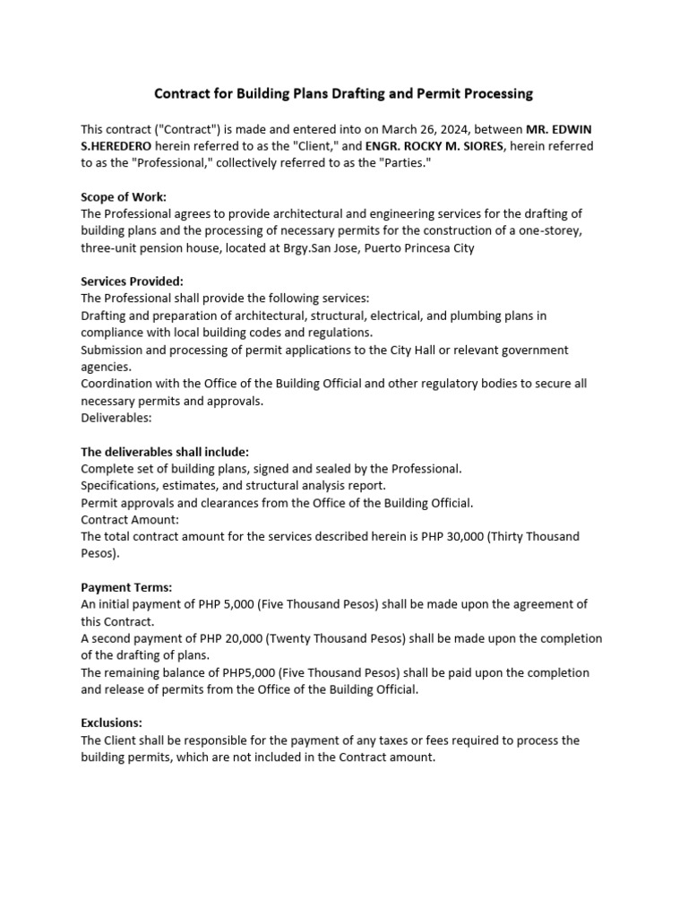 Contract for Building Plans Drafting and Permit Processing | PDF ...