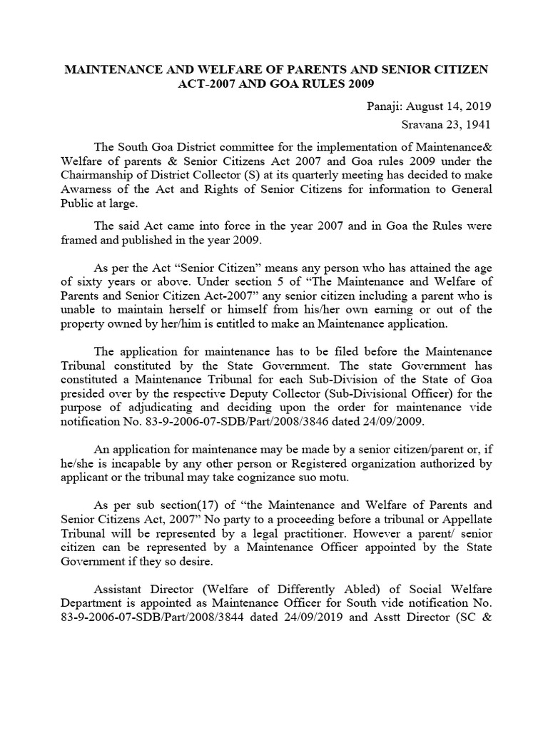 Maintenance and Welfare of Parents and Senior Citizen Act 2007 and Goa ...