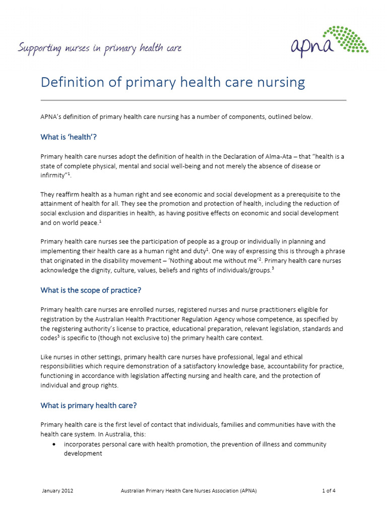 Primary Health Care Nursing Definition | PDF | Nursing | Health Care