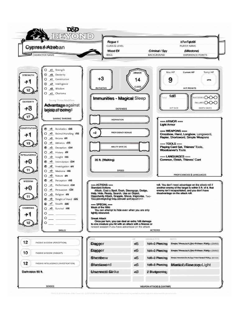 Cypress Azeban Character Sheet | PDF