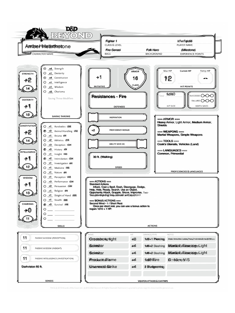 Amber Hearthstone Character Sheet | PDF