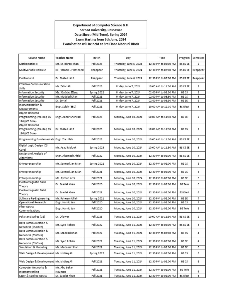 Spring 2024 CS & IT Exam Schedule | PDF | Computer Science | Computing