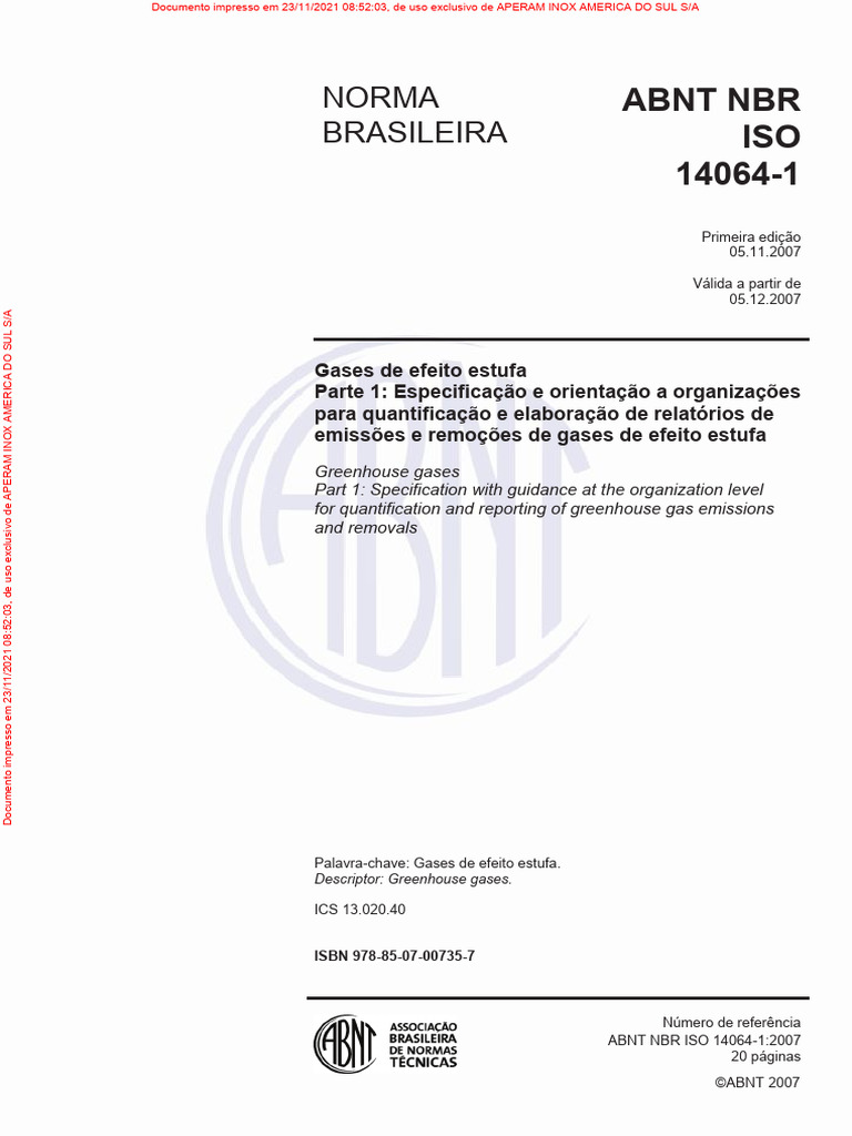 NBR Iso 14064-1 (2007) | PDF | Gás de efeito estufa | Atmosfera